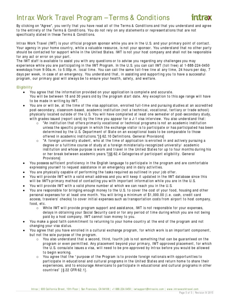 Intrax Work Travel Program - Terms & Conditions: Eligibility | PDF ...