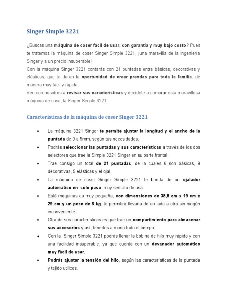 Singer Simple 3221 | PDF | Máquina de coser | Bienes manufacturados