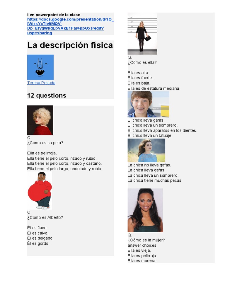 Quiz Descripcion Fisica en Espanol | PDF | Cabello rojo | Raza ...