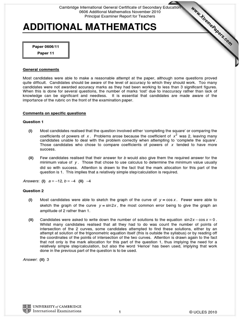 Additional Mathematics: Paper 0606/11 Paper 11 | PDF | Quadratic ...