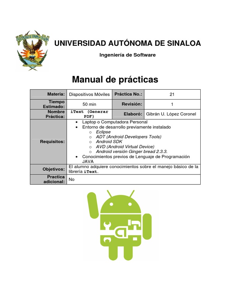 Práctica 21 - Itext (Generar PDF | PDF | Android (sistema operativo) | Eclipse (software)