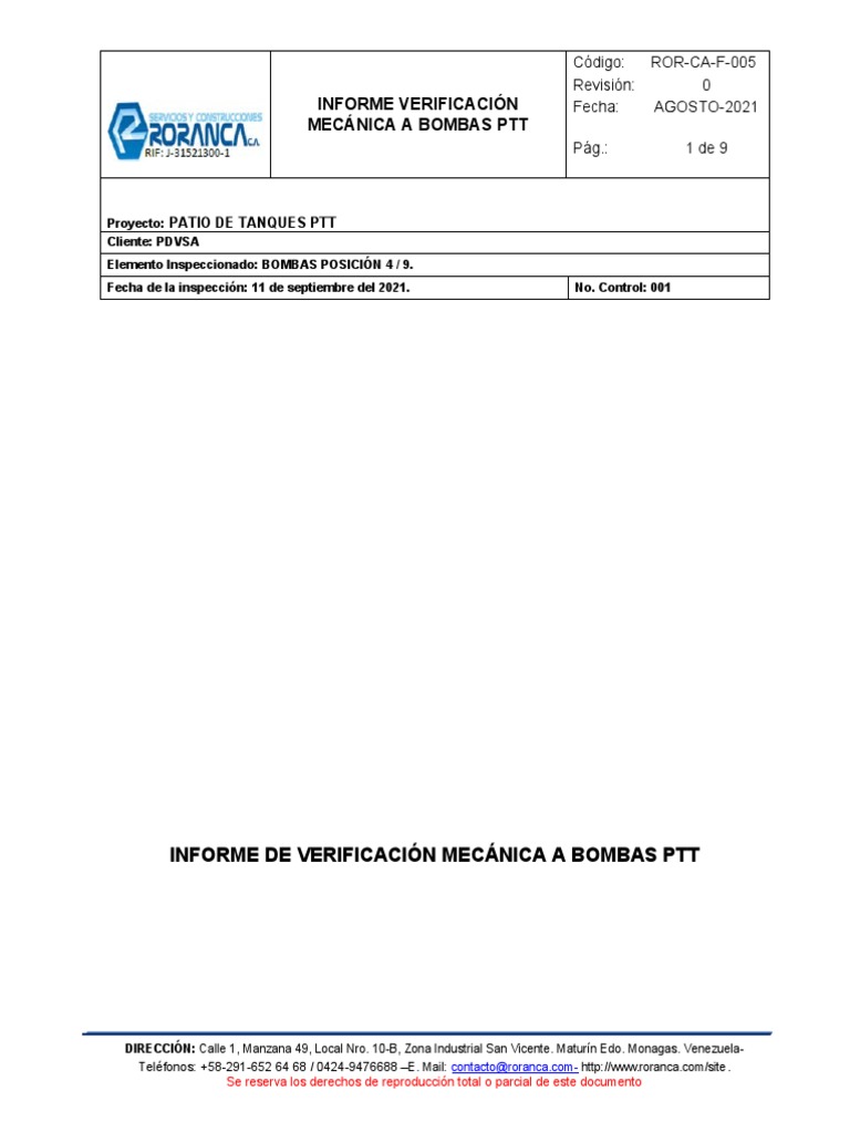 Informe Verificacion Mecanica A Bombas 001 | PDF