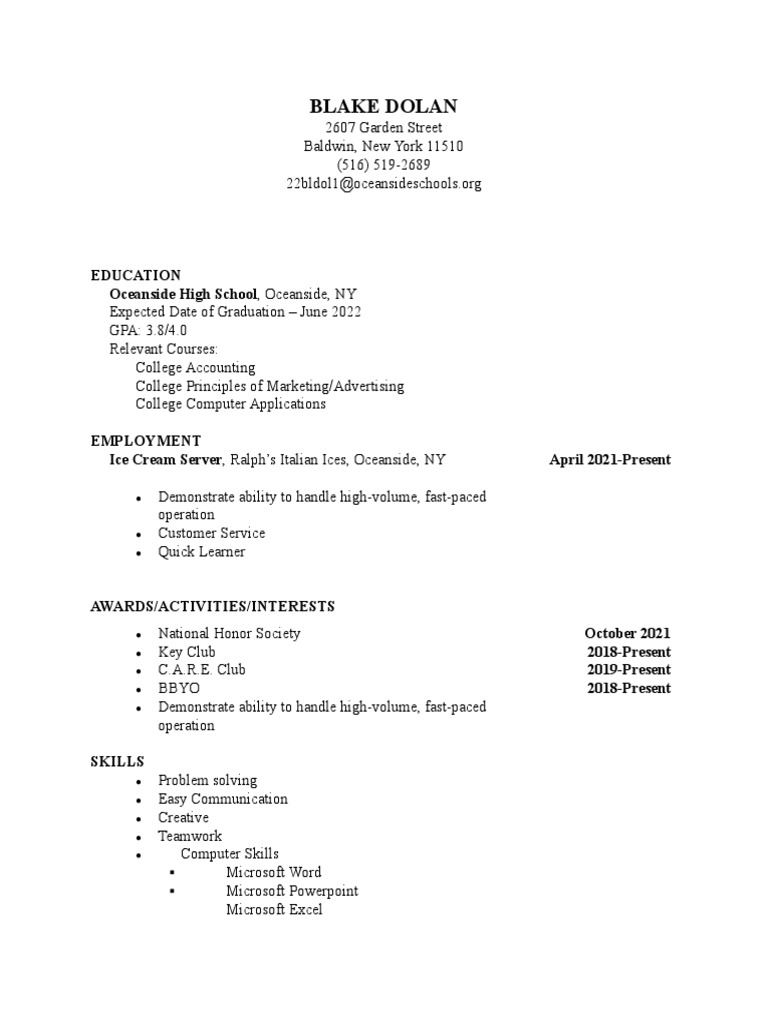 Resume Typed Template For Students | PDF