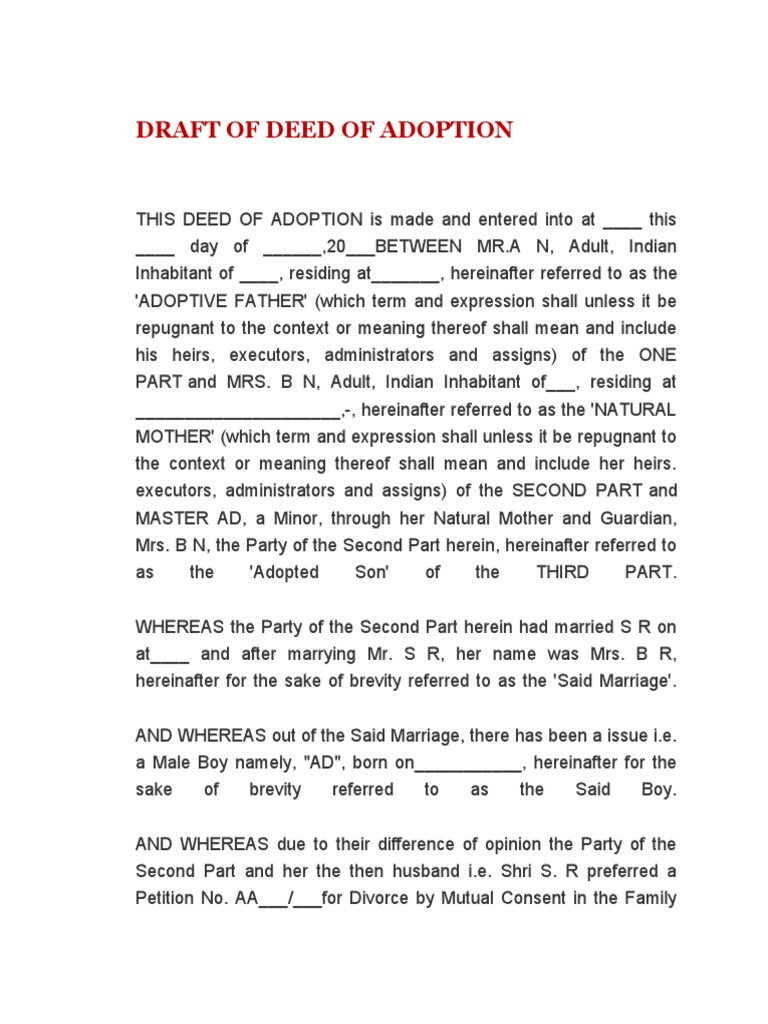 Draft of Deed of Adoption | PDF | Adoption | Deed