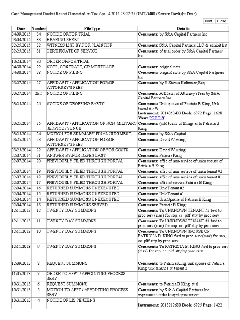 S & A Capital Partners V Patricia King 13-212680, Final Docket | PDF ...
