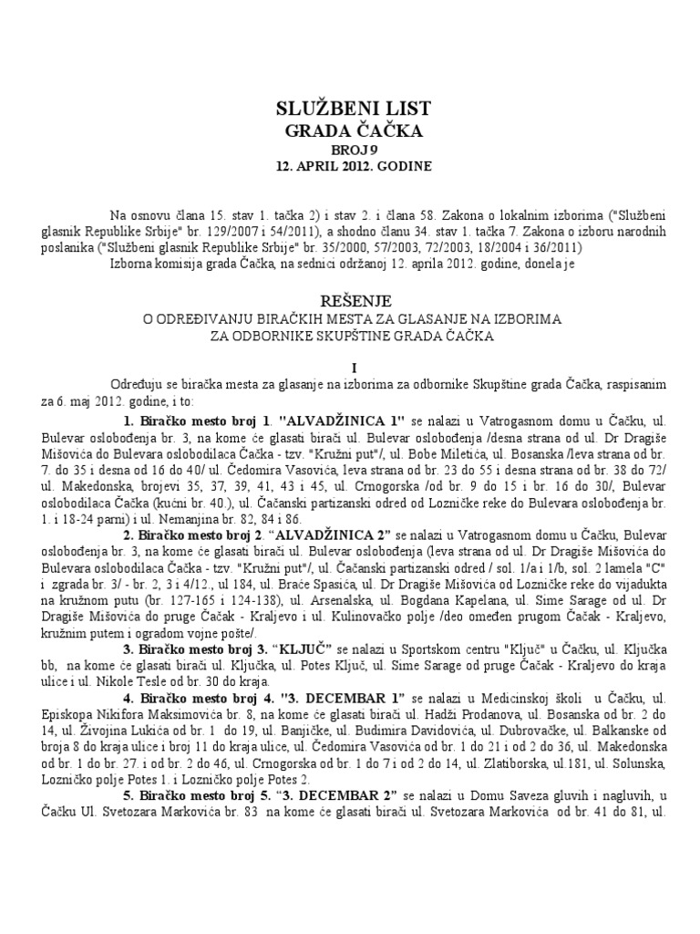 Sluzbeni List Grada Cacka Broj 9 375 | PDF