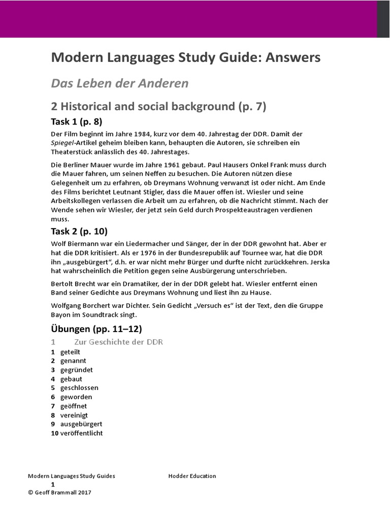 Das Leben Der Anderen Study Guide ANSWERS | PDF