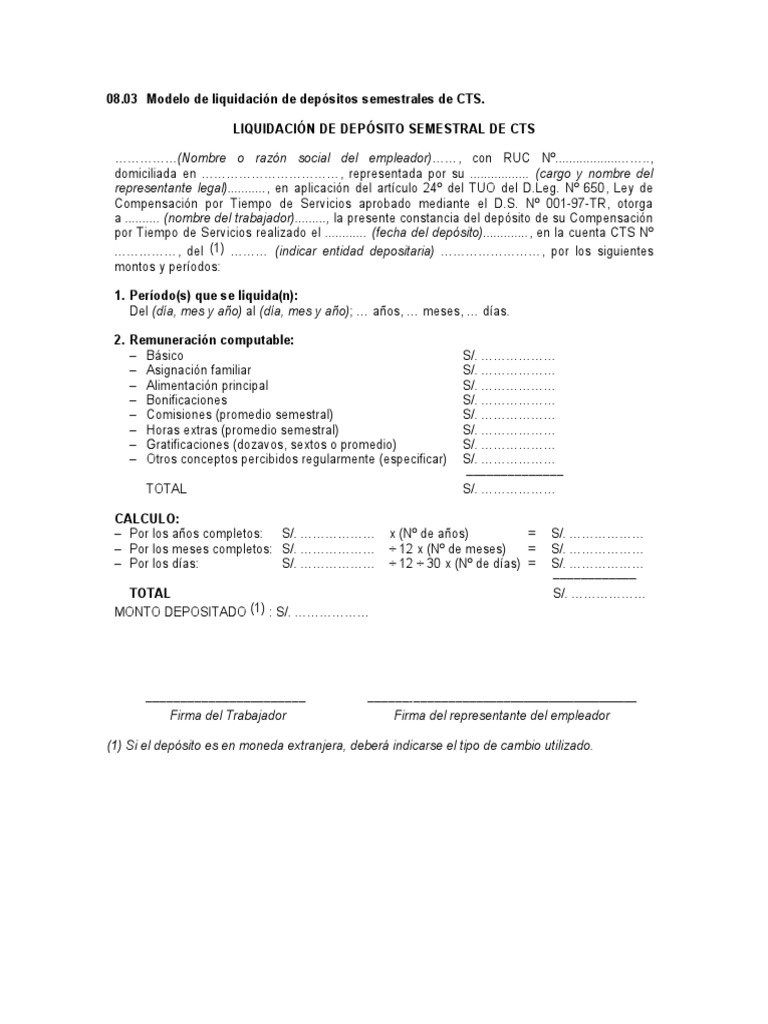 Modelo de liquidación de CTS semestral | PDF | Economias | Monedas