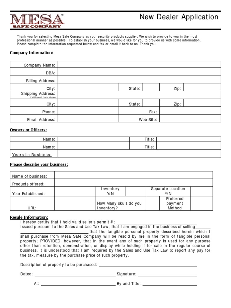 New Dealer Application Form for Mesa Safe | PDF | Guarantee | Implied ...