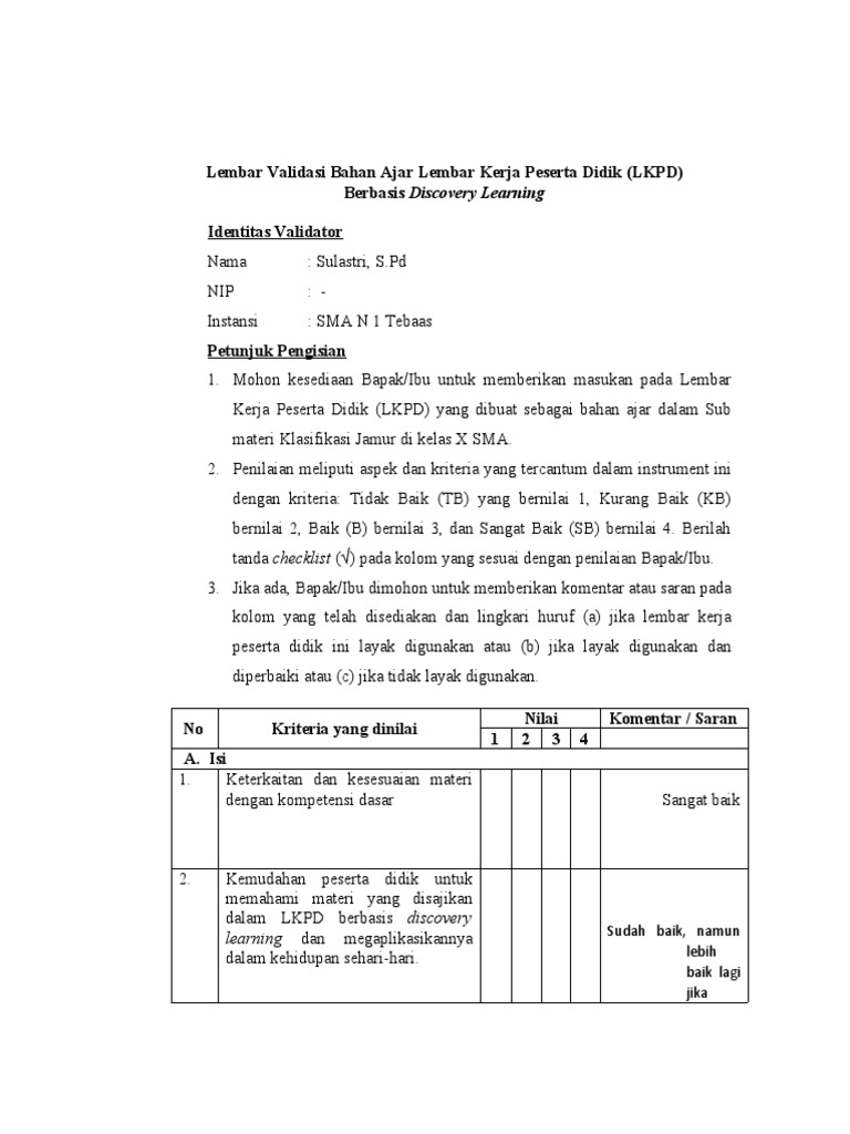 Lembar Validasi Bahan Ajar LKPD | PDF