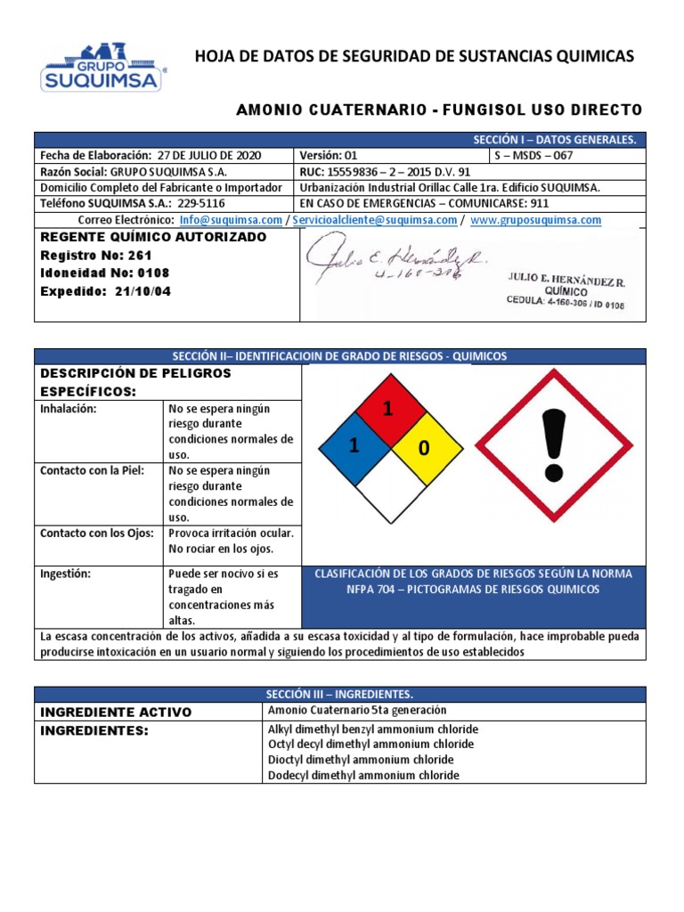 Hoja de datos de seguridad de sustancias químicas para amonio cuaternario - Fungisol uso directo ...
