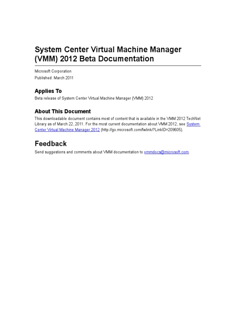 VMM 2012 Beta Documentation | PDF | Hyper V | Cloud Computing