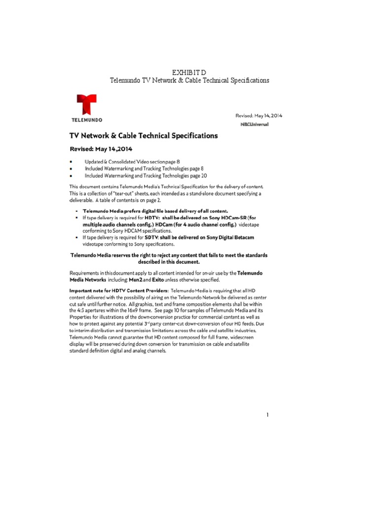 Exhibit D Telemundo TV Network & Cable Technical Specifications | PDF