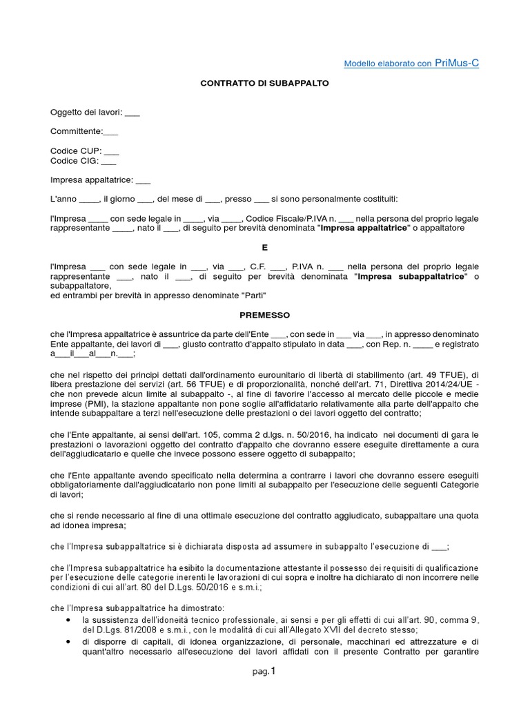 Fac Simile Contratto Subappalto | PDF