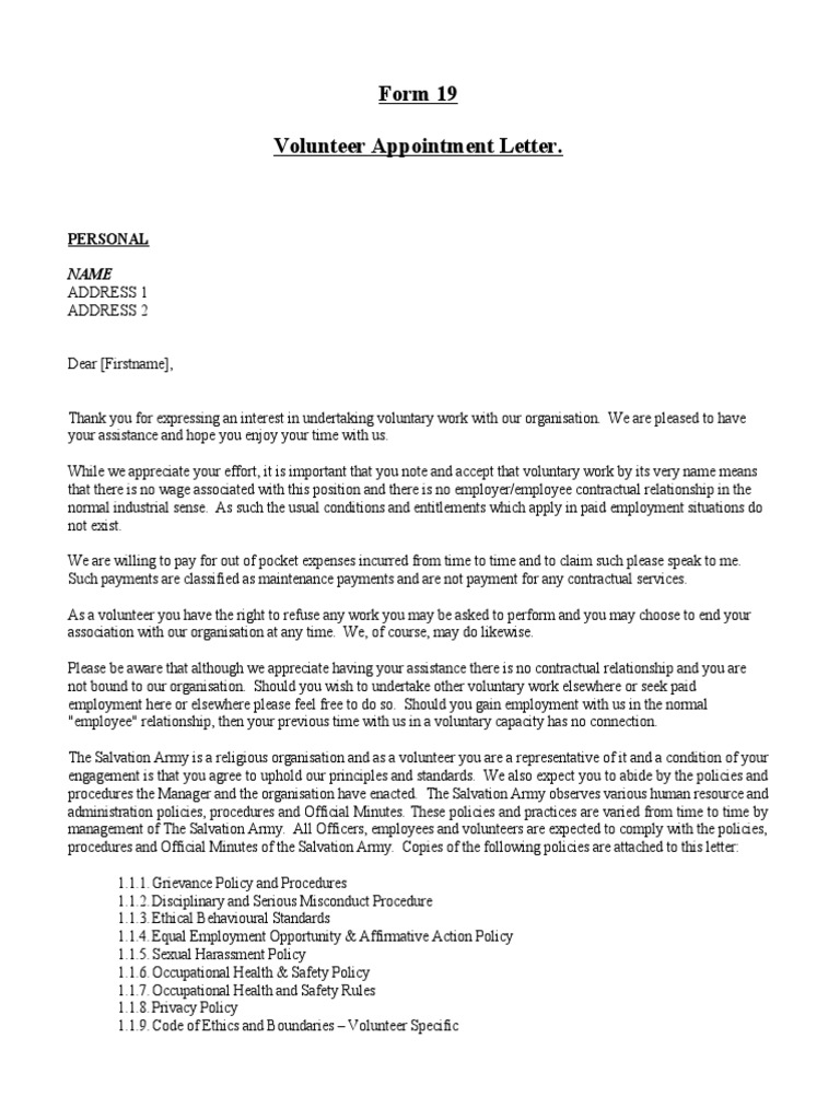 Volunteer Appointment Letter Template in | PDF | Volunteering | Employment