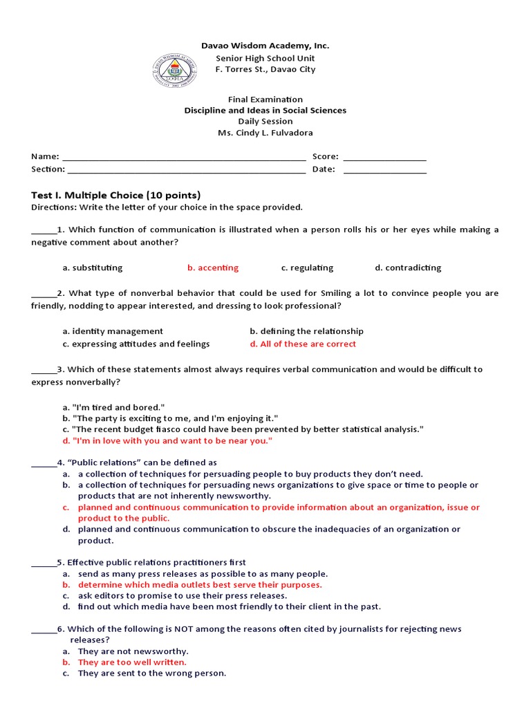 Social Sciences Final Exam Guide | PDF | Communication | Nonverbal ...