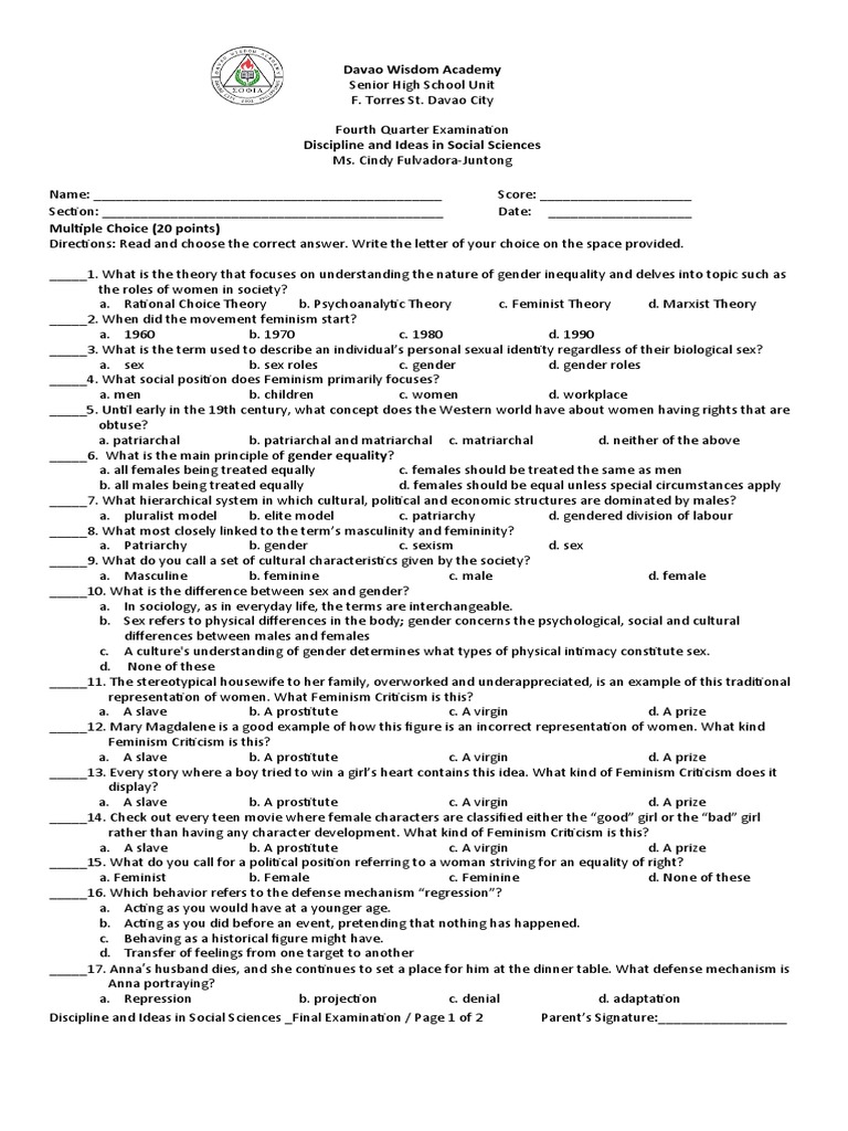 DISS Final Exam - Feminism | PDF | Gender | Gender Studies