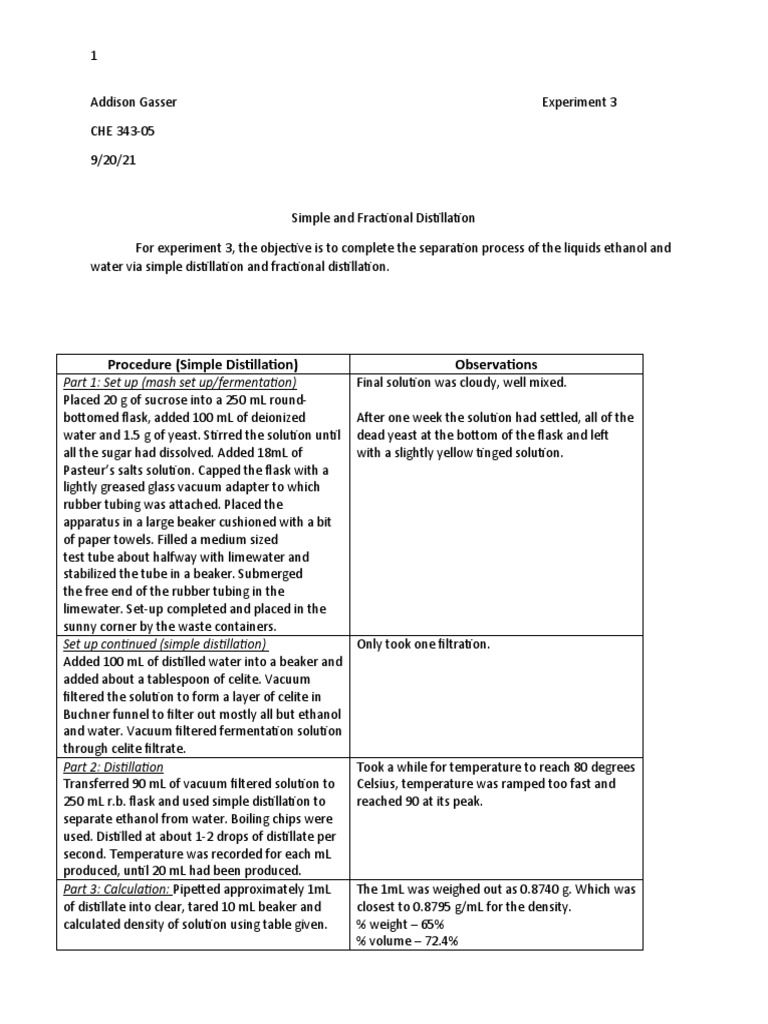 Chem 343 Experiment 3 Lab Report | PDF | Distillation | Ethanol
