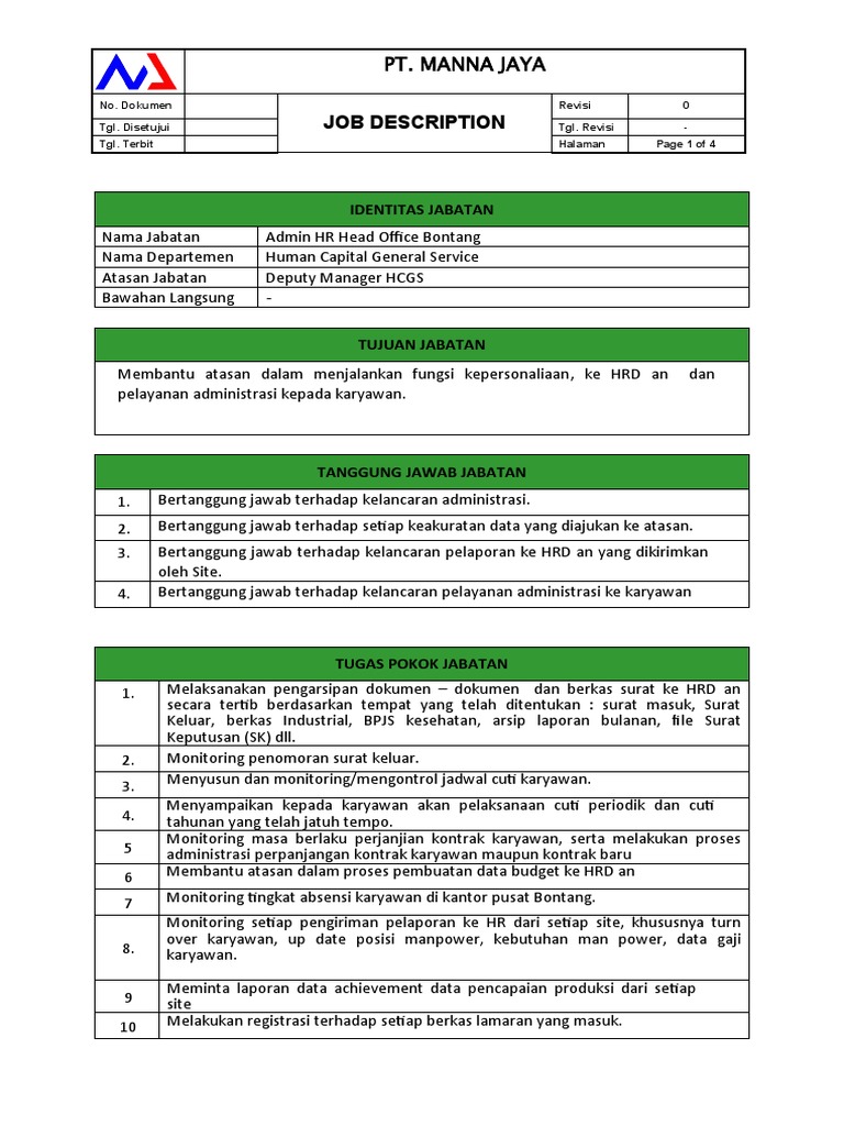 Job Desk Admin HR di PT. Manna Jaya | PDF