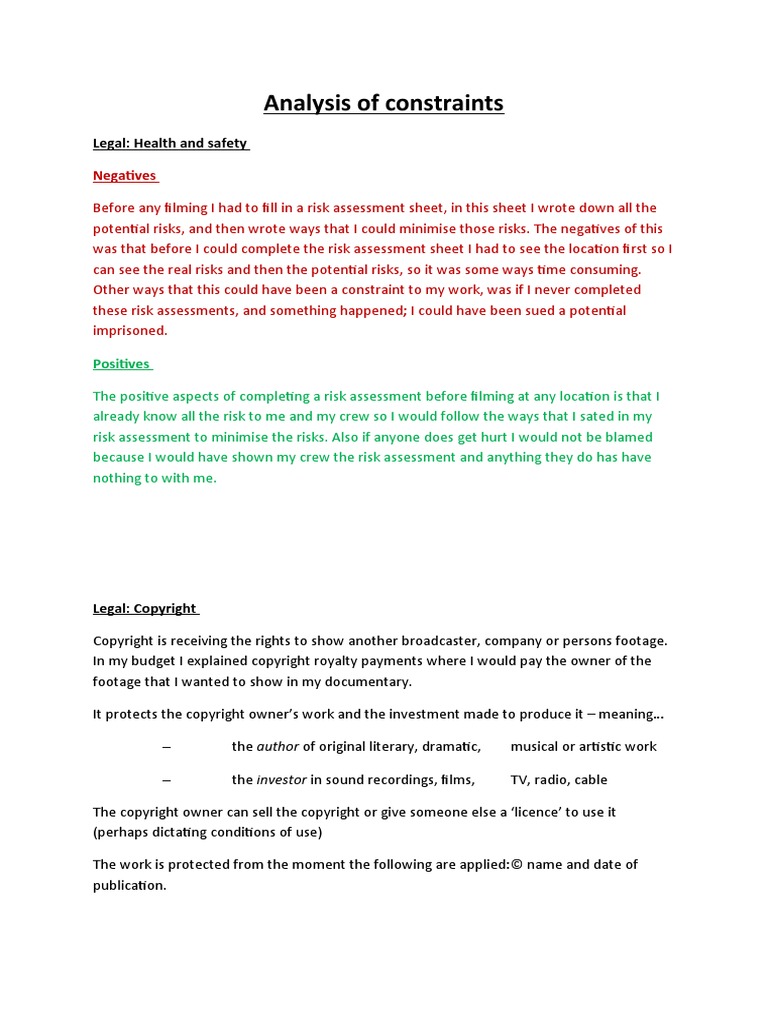 Analysis of Constraints: Legal: Health and Safety | PDF | Defamation | Risk