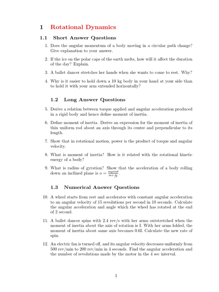 Rotational Dynamics: Short and Long Answer Questions | PDF | Rotation Around A Fixed Axis | Torque