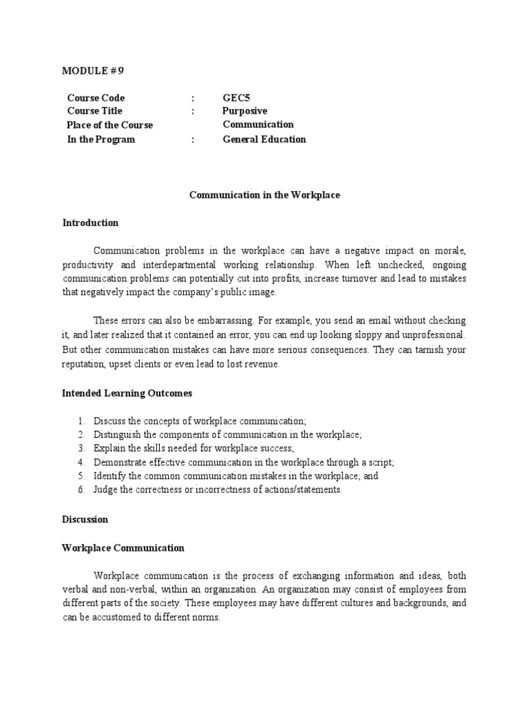 Module # 9 Course Code: Gec5 Course Title Place of The Course: Purposive Communication in The ...