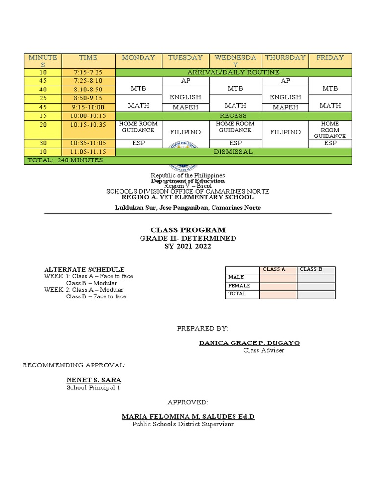 Minute S Time Monday Tuesday Wednesda Y Thursday Friday: Class Program ...