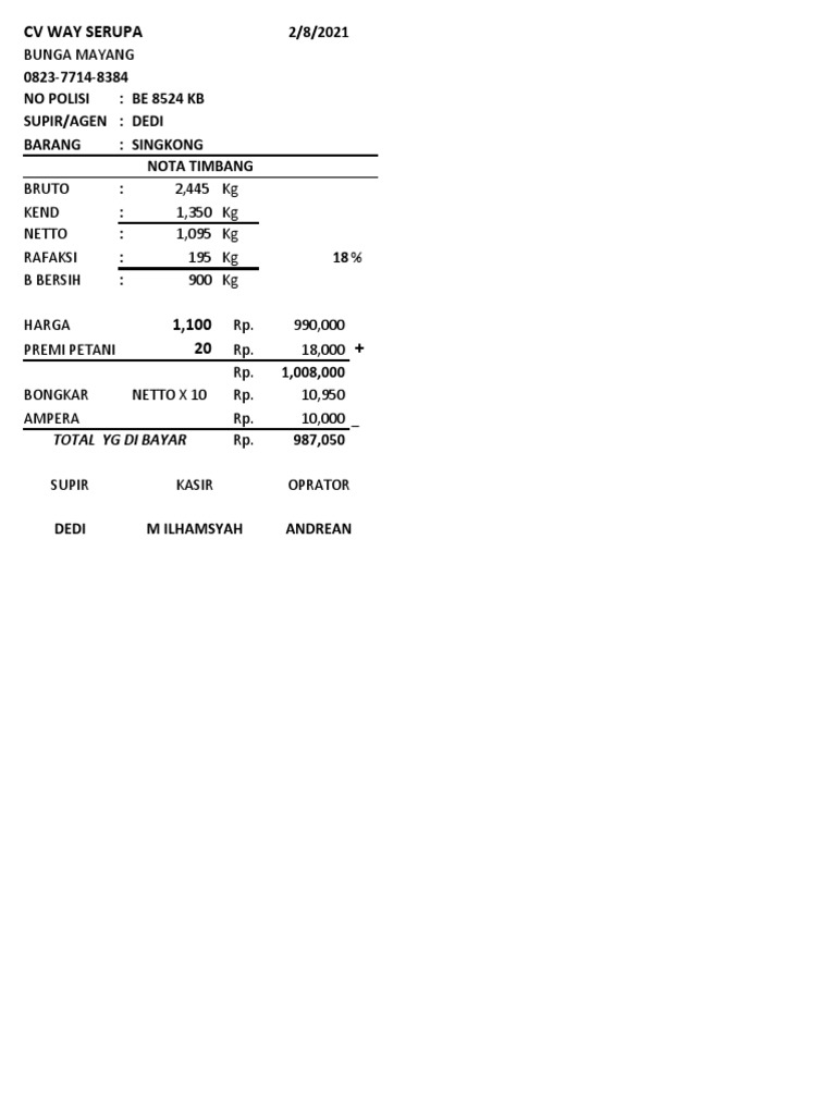 Nota Timbangan Penjualan Sawit | PDF | Pengelolaan Keuangan & Uang