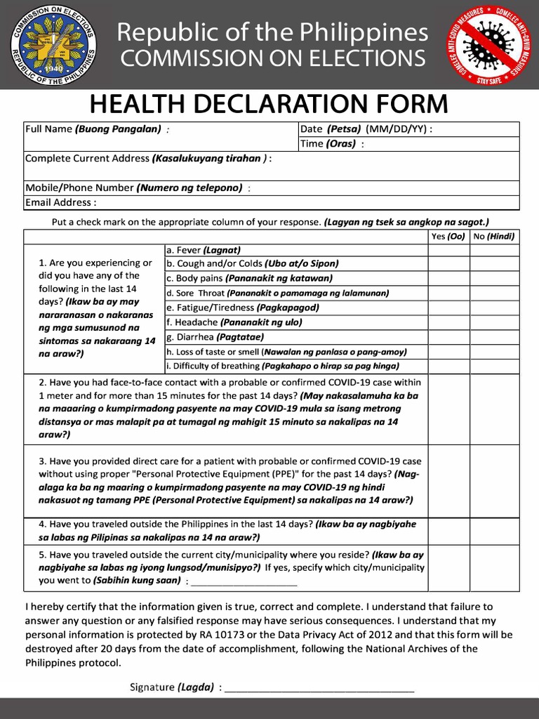 Health Declaration Form: (Buong Pangalan) (Petsa) (Oras) (Kasa/ukuyang ...