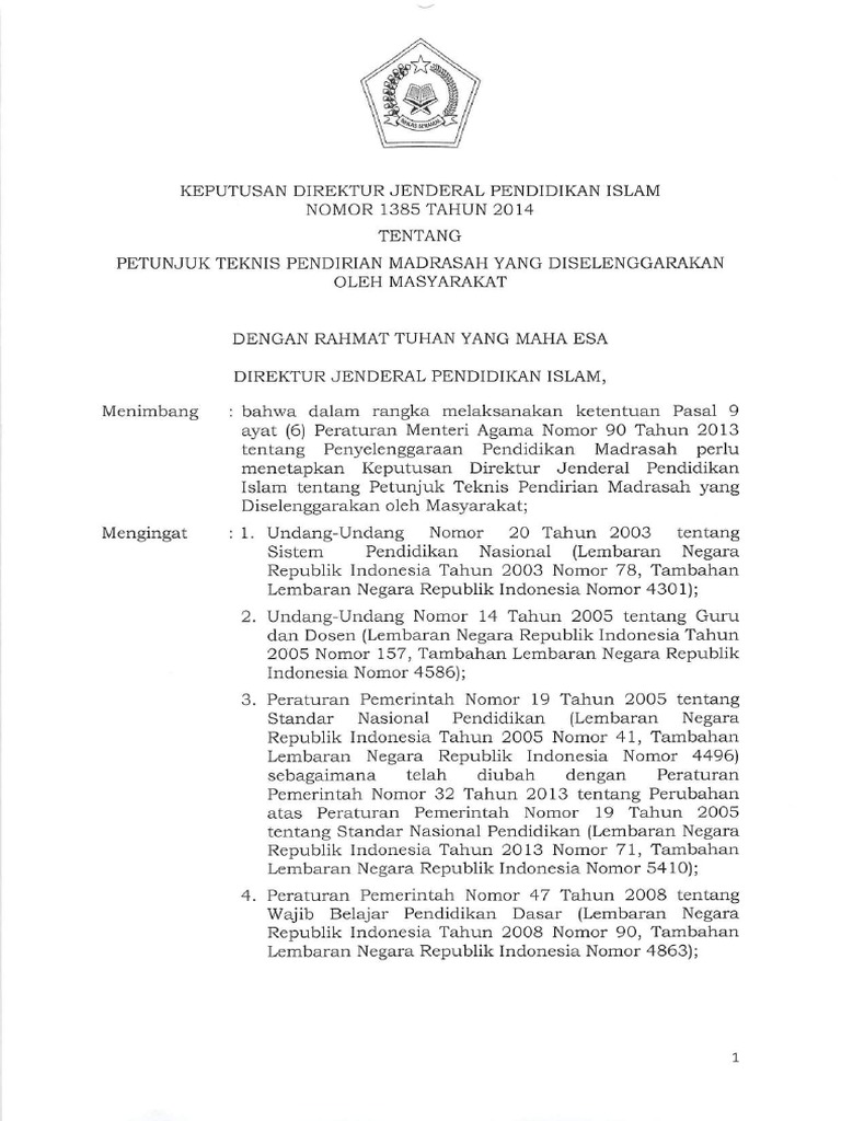 SK Dirjen Pendis No.1385 Tentang Juknis Pendirian Madrasah | PDF