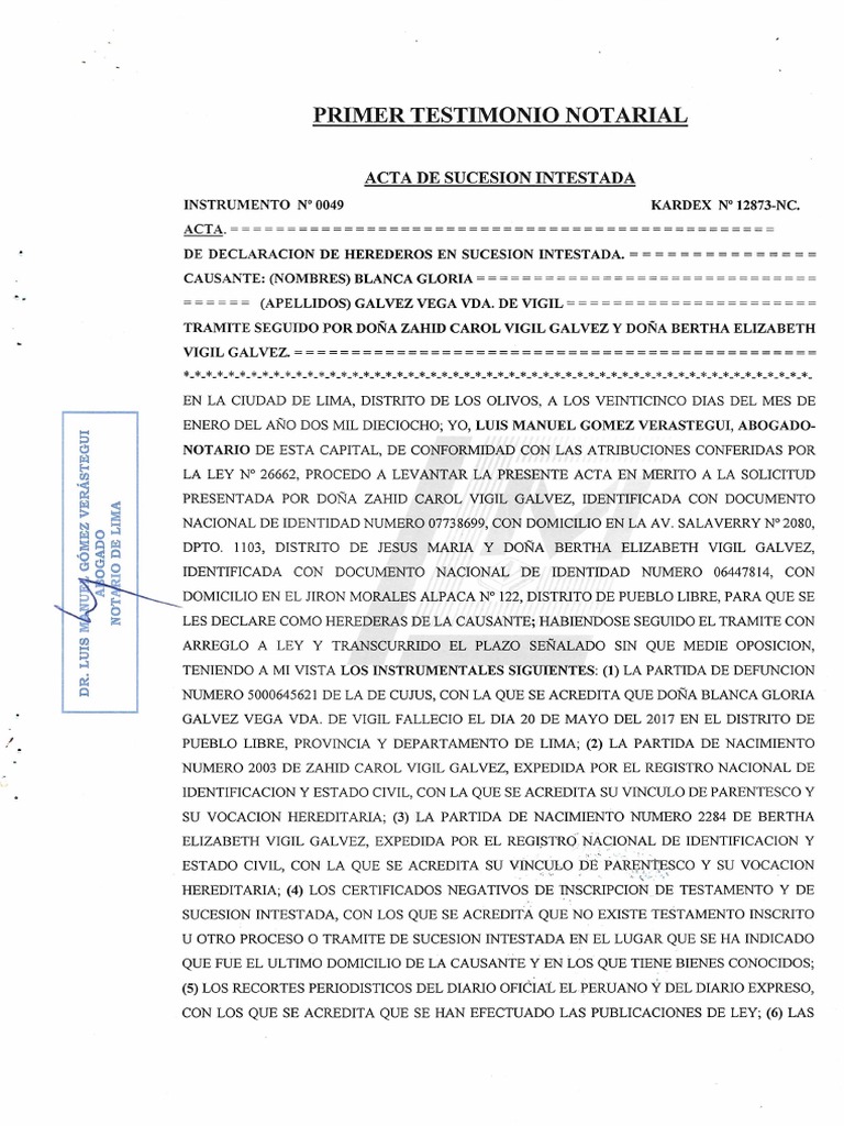 Primer Testimonio Notarial - Acta de Sucesión Intestada | PDF