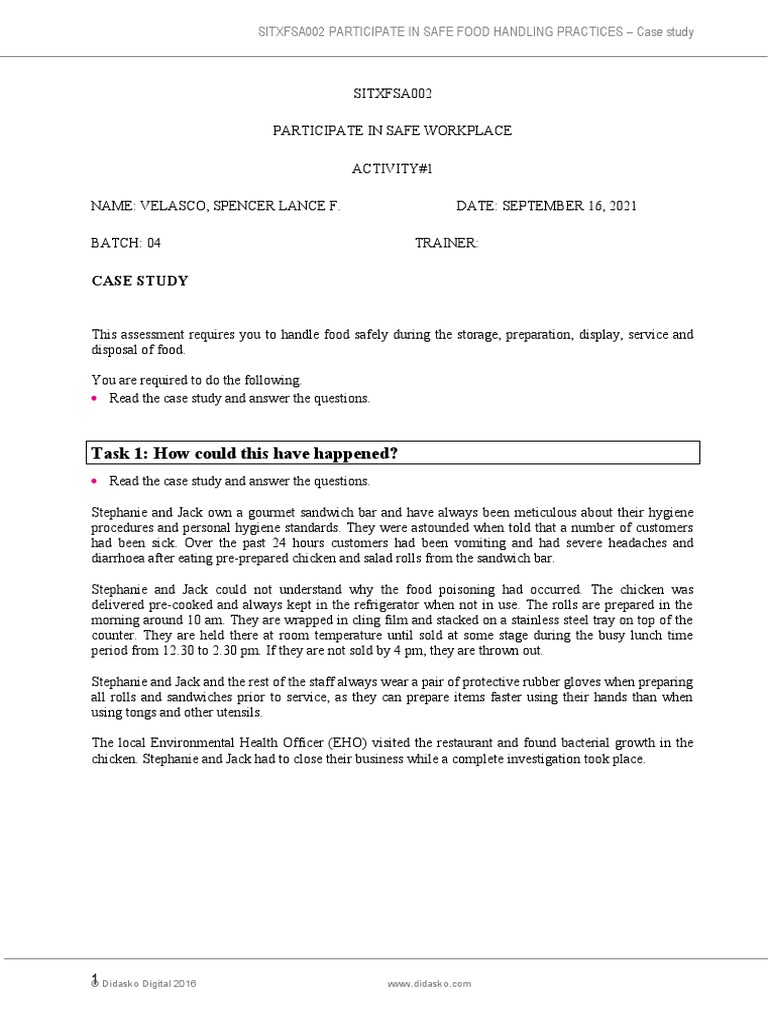 Case Study For Review Sitxfsa002 | PDF | Foods | Food Safety