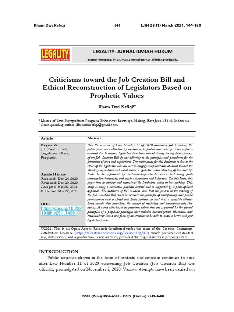 Criticisms Toward The Job Creation Bill and Ethical Reconstruction of ...