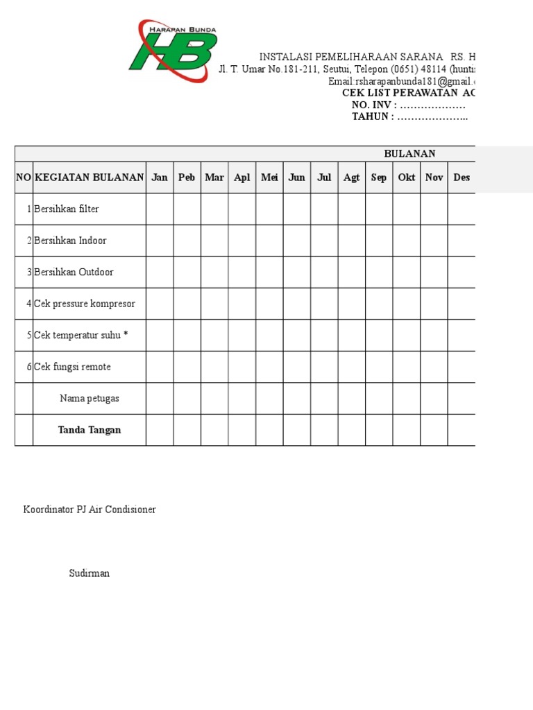 Checklist Perawatan AC Bulanan | PDF