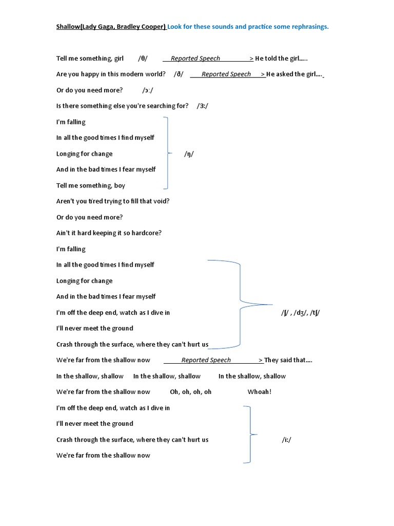 Song Worksheet Shallow Lady Gaga Activities With Music Songs | PDF