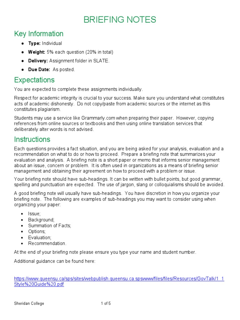 Briefing Note Assignment Details Rubric Pdf Rubric Academic