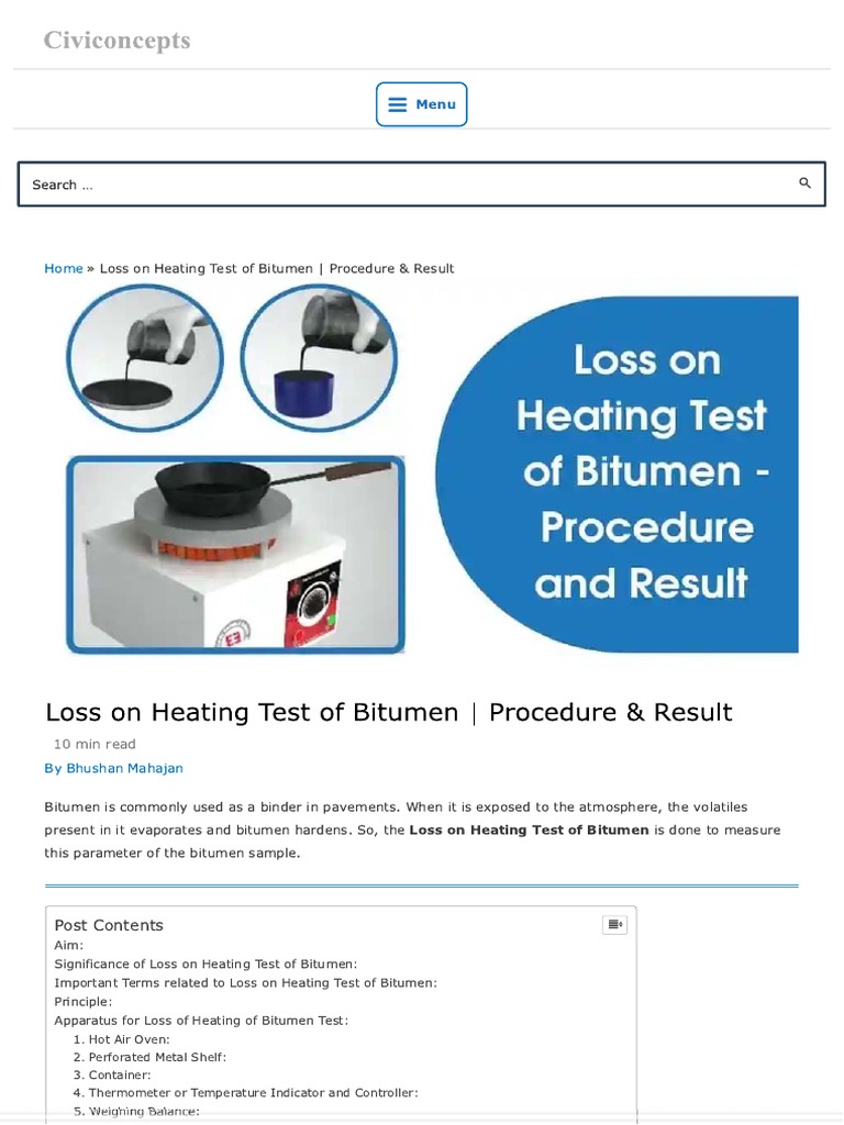 Loss On Heating Test of Bitumen - Procedure & Result | PDF