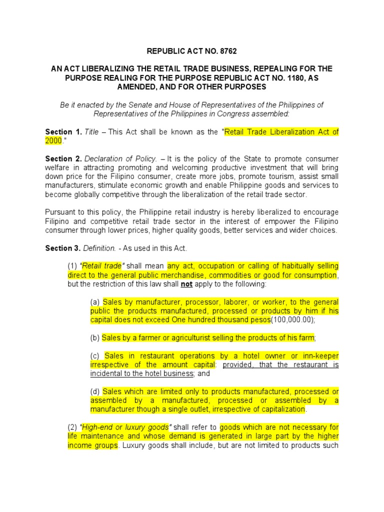 RA No. 8762 Retail Trade Liberalization Act of 2000 | PDF | Stocks ...