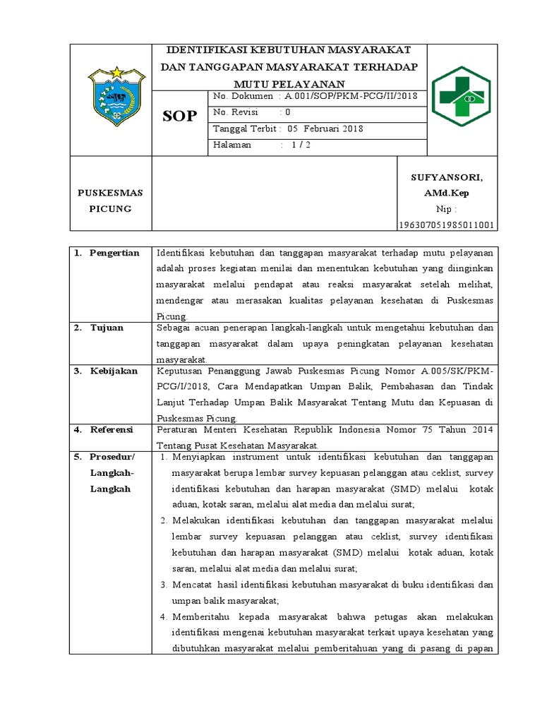 1.1.2.a.SOP JD Identifikasi Kebutuhan Dan Tanggapan Masyarakat Terhadap Mutu Pelayanan | PDF