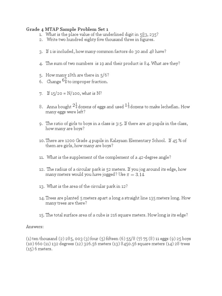 Grade 4 MTAP Sample Problem Set 1 | PDF