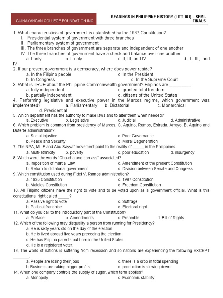 Guinayangan College Foundation Inc.: Readings in Philippine History (Litt 101) - Semi-Finals ...
