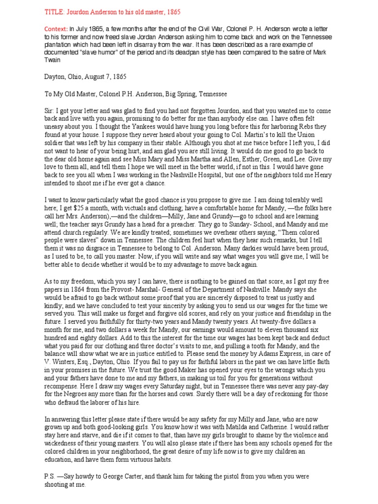 Letter From Jourdon Anderson To P.H. Anderson (1865) (1pg) | PDF