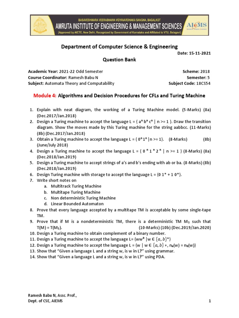 18CS54 ATC Question Bank Module 4 and 5 | PDF | Automata Theory | Computing