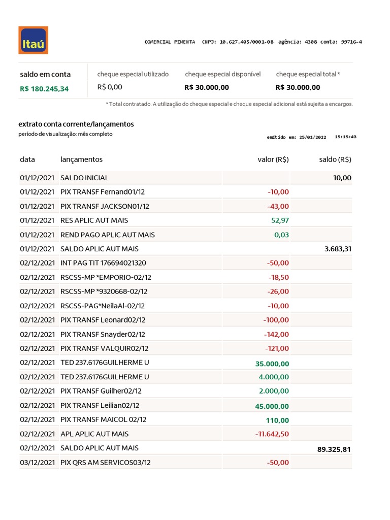 Extrato bancário detalhado com lançamentos da conta corrente de Natália ...