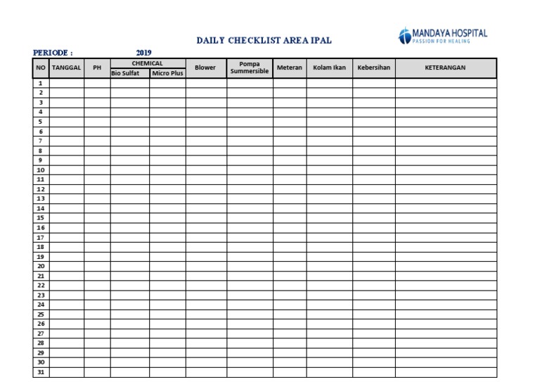 Daily Checklist Area Ipal: Periode: 2019 | PDF