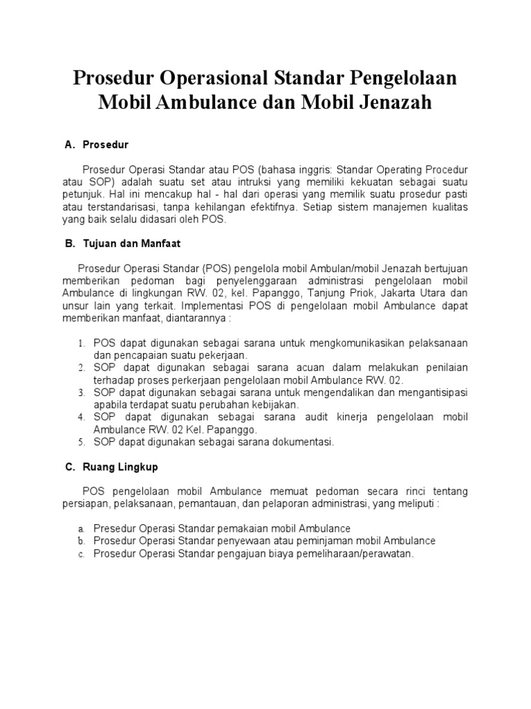 Prosedur Operasional Standar Pengelolaan Mobil Ambulance Dan Mobil ...
