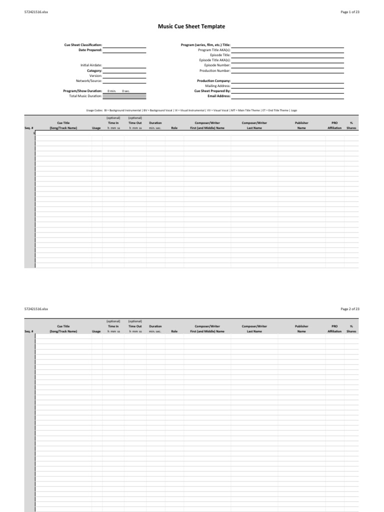 Music Cue Sheet Template: Cue Sheet Classification: Program (Series, Film, Etc.) Title: Date ...