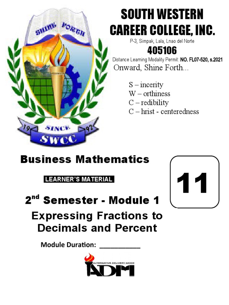 Business Mathematics 2 Semester - Module 1: Expressing Fractions To ...