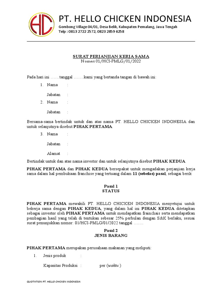 Surat Perjanjian Kerja Sama Pt. Hci | PDF