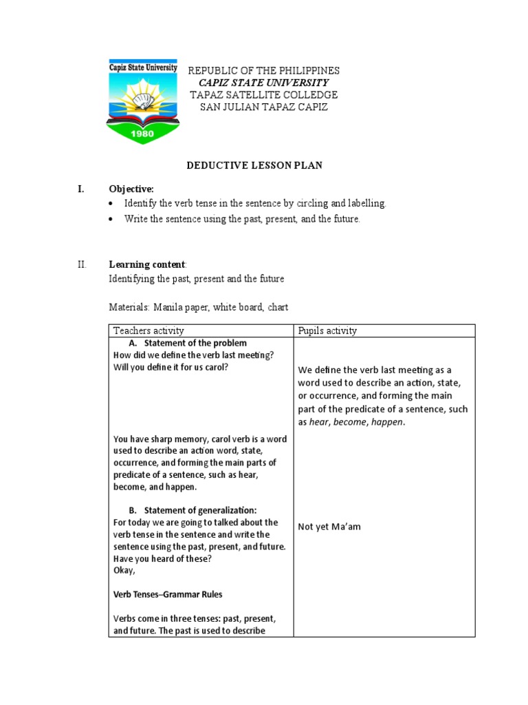 Deductive Lesson Plan I. Objective:: Capiz State University | PDF ...